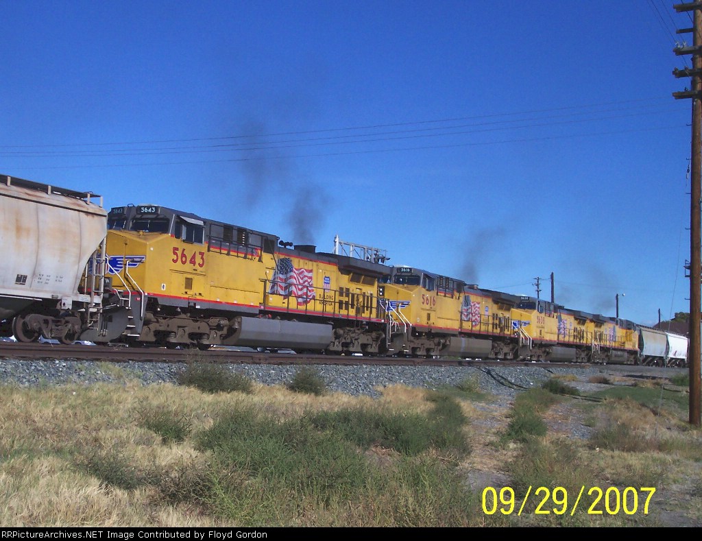 UP 5643 is one of seven unit heavy grain train